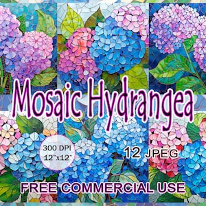 Mosaic Hydrangea Clipart, Pink & Blue Hydrangea Images Bundle, Digital Mosaic Flowers Art, Glass ...
