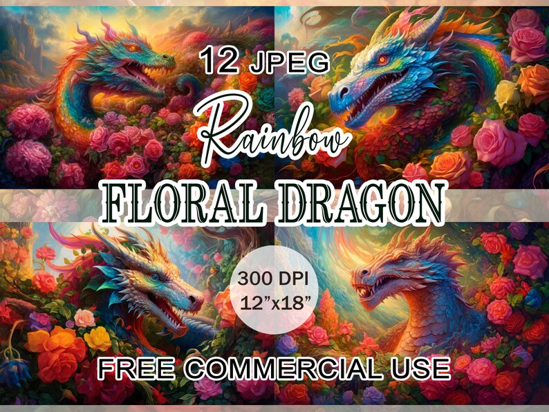 Floral Rainbow Dragon Clipart, Fairytale Landscape Clipart, Digital ...