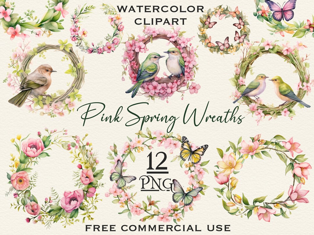Pink Floral Wreath PNG Bundle, Watercolor Spring Clipart, Pink Flowers ...