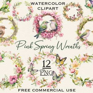 Pink Floral Wreath PNG Bundle, Watercolor Spring Clipart, Pink Flowers ...