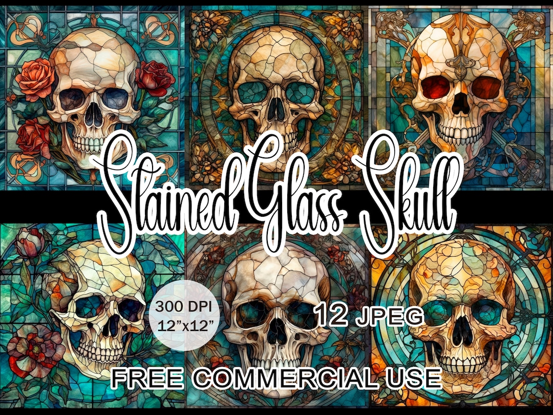 Human Skull Stained Glass Clipart, Gothic Ephemera Bundle, Art Nouveau ...