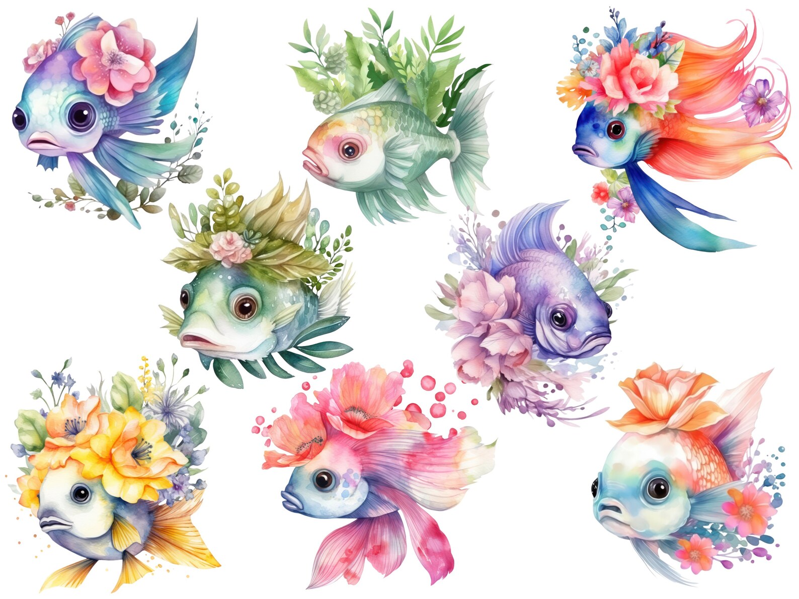 Watercolor Flower Fish Clipart, Cute Fish Clipart, Fish Png, Cute ...