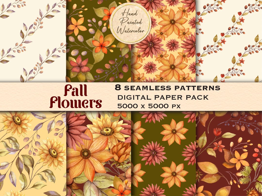 Fall Flowers Seamless Pattern, Hand Drawn Watercolor Flower Digital ...