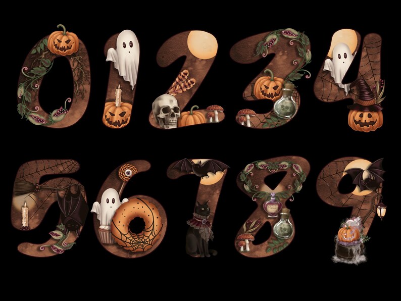 Halloween Numbers PNG Bundle Clipart, Funny Dark Aesthetic Hand Drawn ...