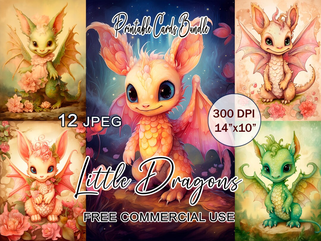 Cute Little Dragon Cards Bundle, Digital Dragon Images Printable Cards ...