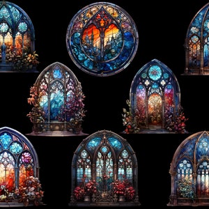Gothic Window Png Bundle, Floral Stained Glass Window Clipart, Gothic ...