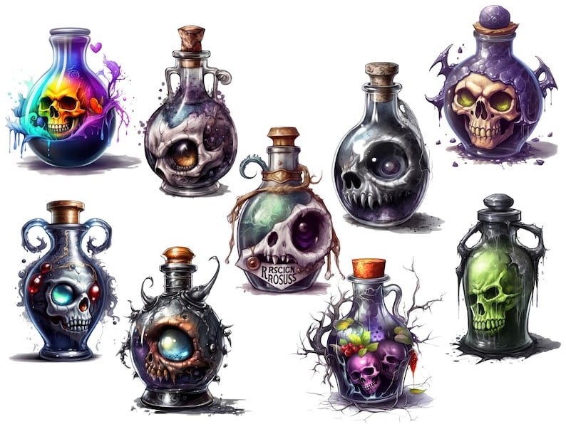 Death Potion Clipart, Halloween Witch Skull Poison Bottles, Witchcraft ...