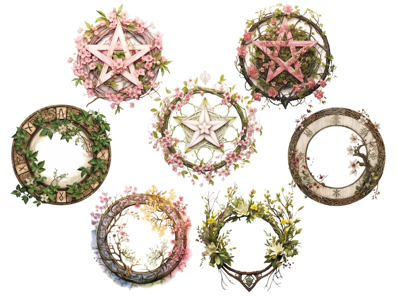 Pagan Wreath & Pentagram PNG Bundle, Watercolor Darc Occult Art ...