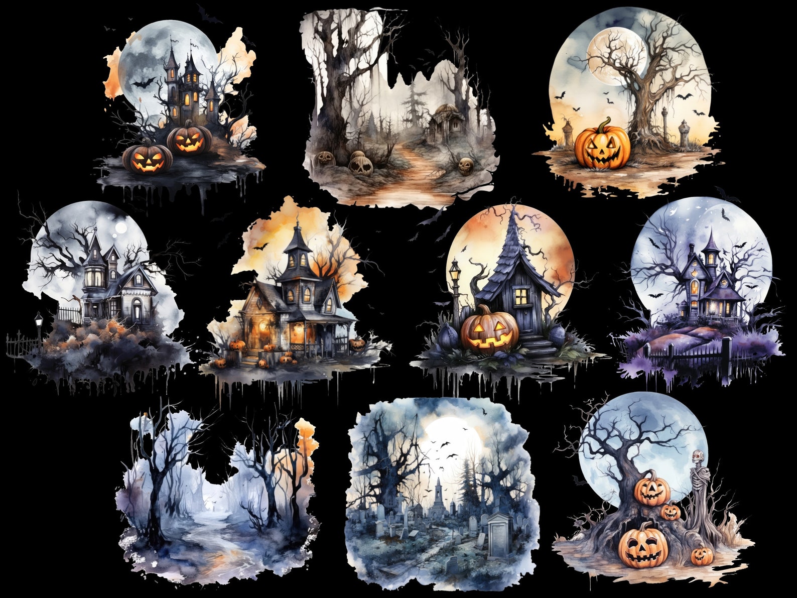 Watercolor Halloween Clipart, Spooky Png Bundle, Horror Overlay ...