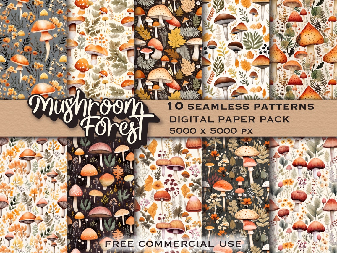 Mushroom Forest Seamless Pattern Bundle, Mushrooms Patterns, Seamless ...