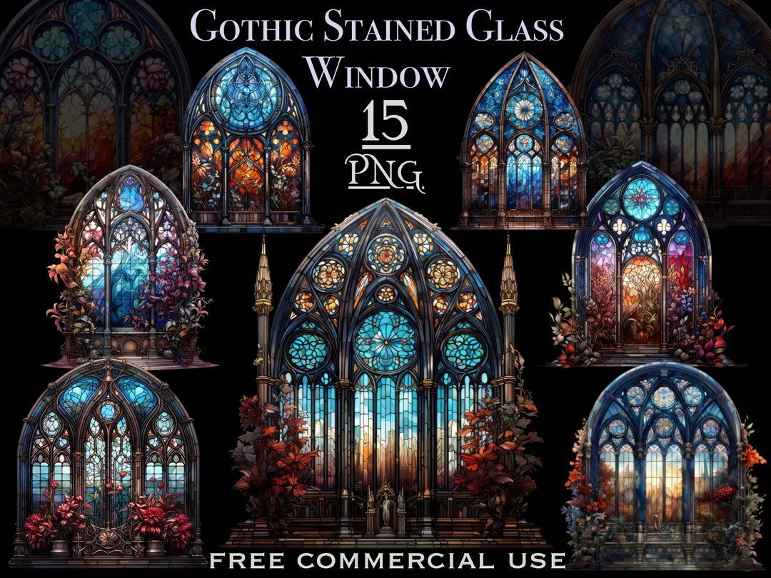 Gothic Window Png Bundle, Floral Stained Glass Window Clipart, Gothic ...