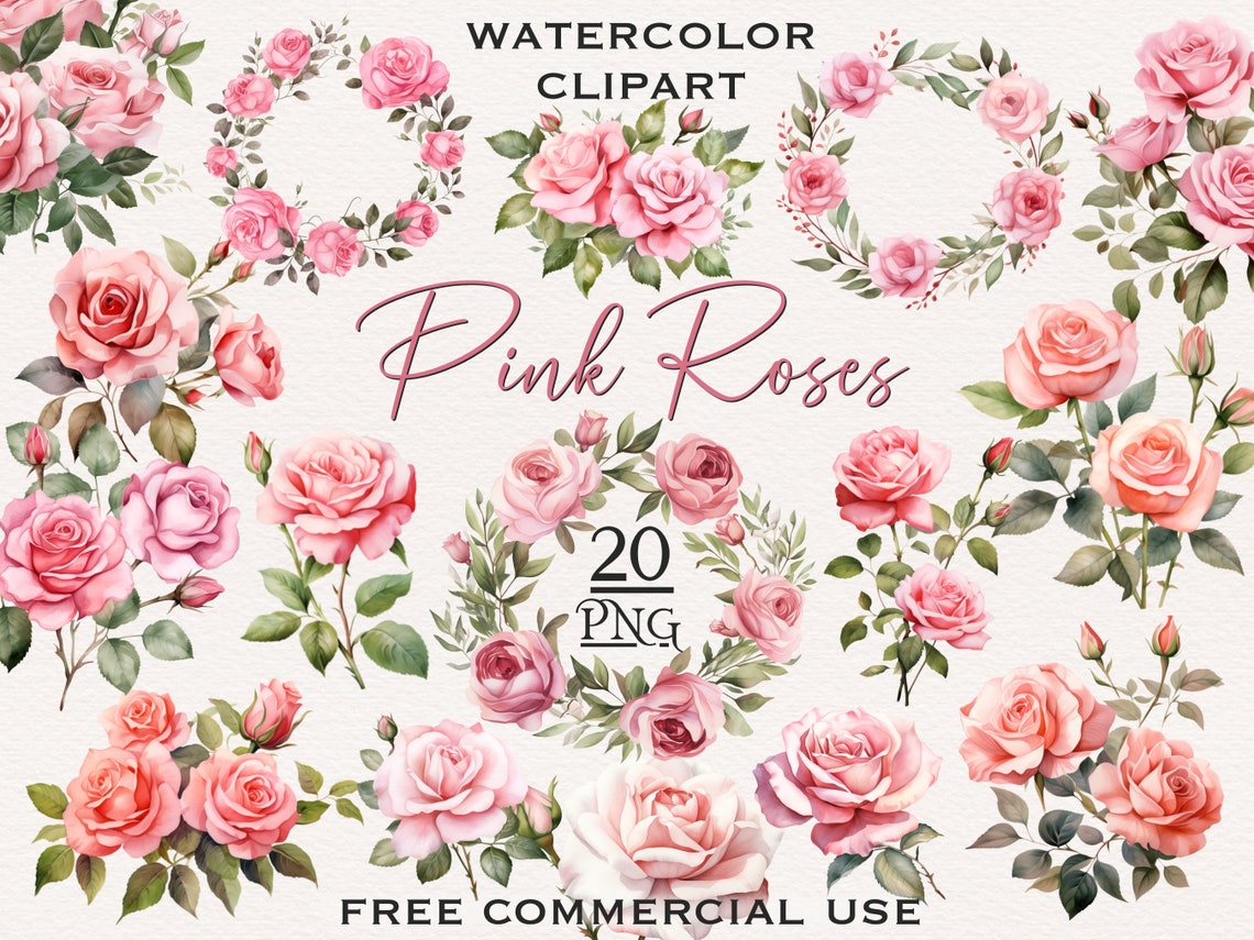 Pink Roses PNG Bundle, Watercolor Flowers Clipart, Floral Wreath Png ...