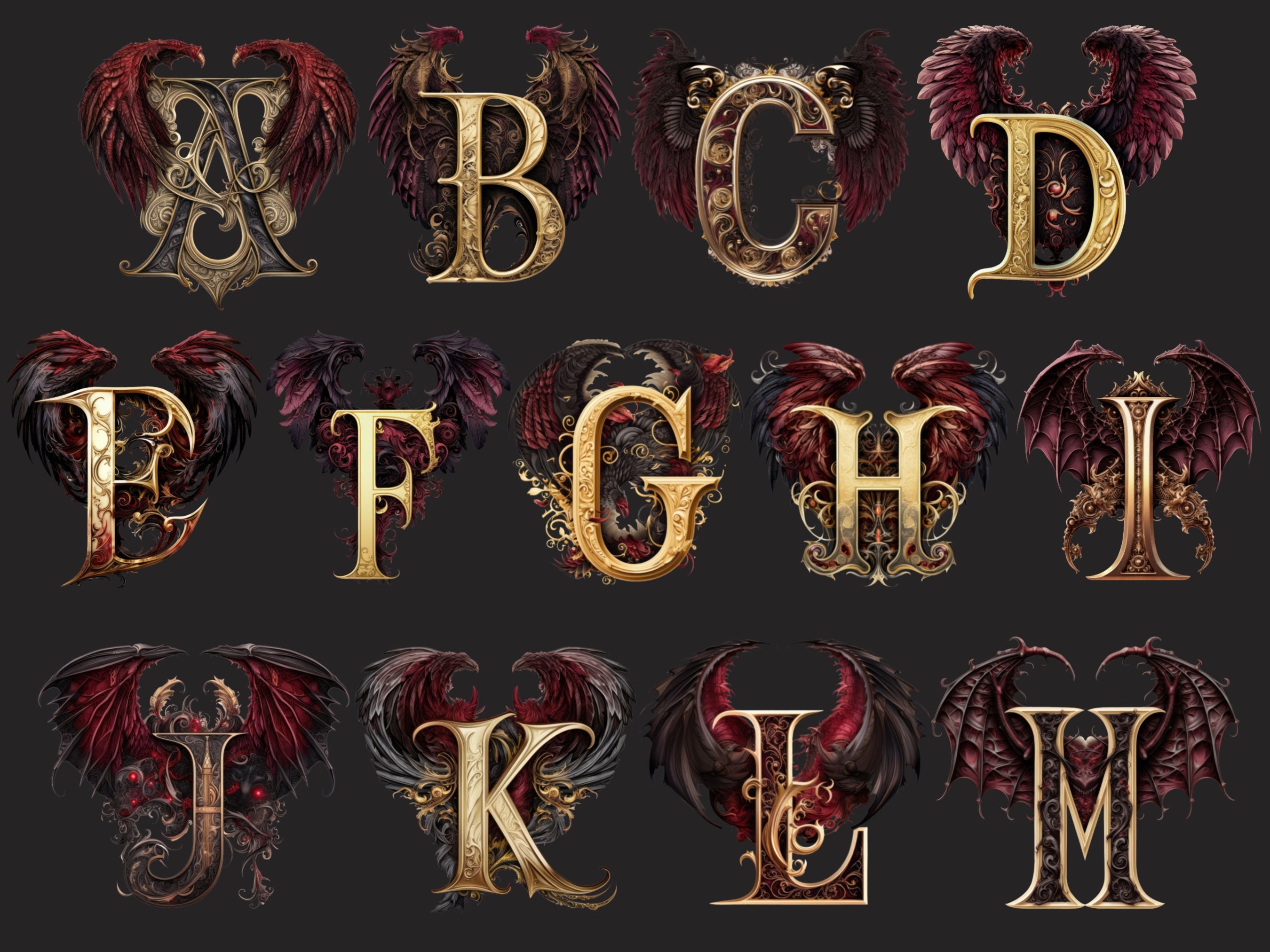 Demonic Gothic Alphabet Clipart, Dark Aesthetic Letters Png Bundlle ...