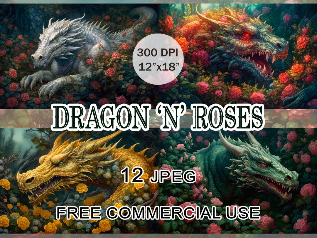 Dragon and Roses Clipart, Fantasy Floral Landscape Images, Fairy ...