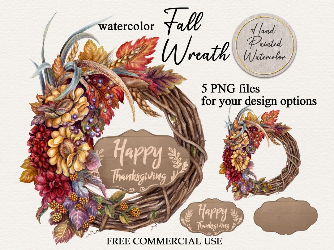 Thanksgiving Wreath Watercolor Clipart, Fall Wreath Sublimation Design ...