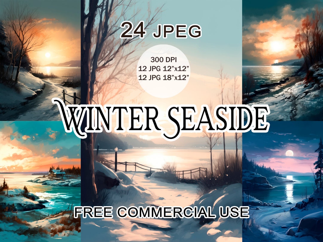 Winter Seaside Clipart, Snow Beach Landscape Art Images Bundle, Ocean ...