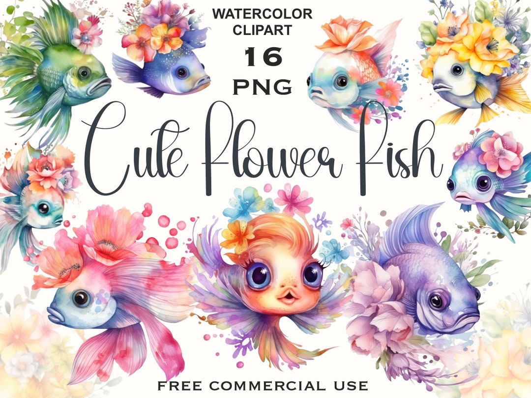 Watercolor Flower Fish Clipart, Cute Fish Clipart, Fish Png, Cute ...