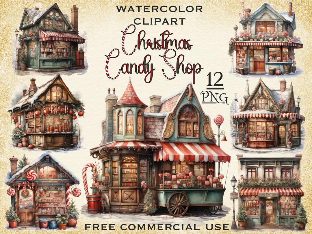 Christmas Candy Shop PNG Bundle, Watercolor Christmas Clipart ...