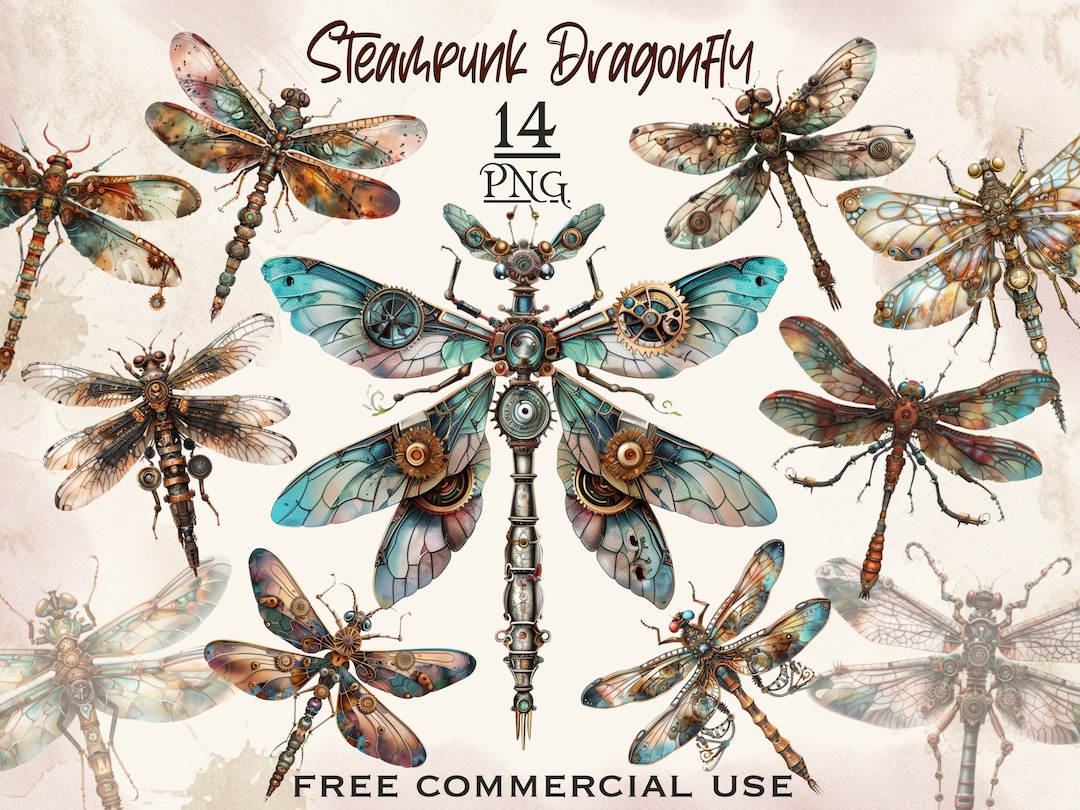 Steampunk Dragonfly PNG Bundle, Mechanical Dragonfly Clipart, Dragonflies Steampunk Art, Concept ...