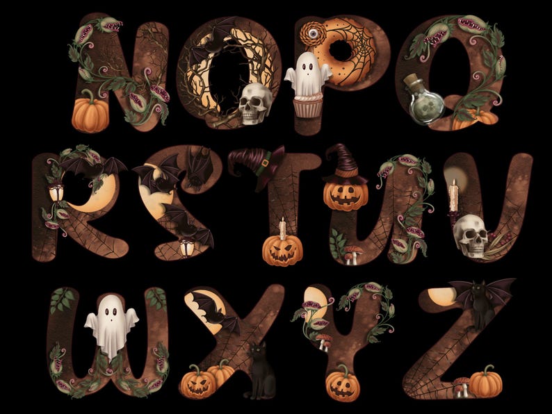 Cute Halloween Alphabet Clipart, Dark Aesthetic Hand Drawn Halloween ...