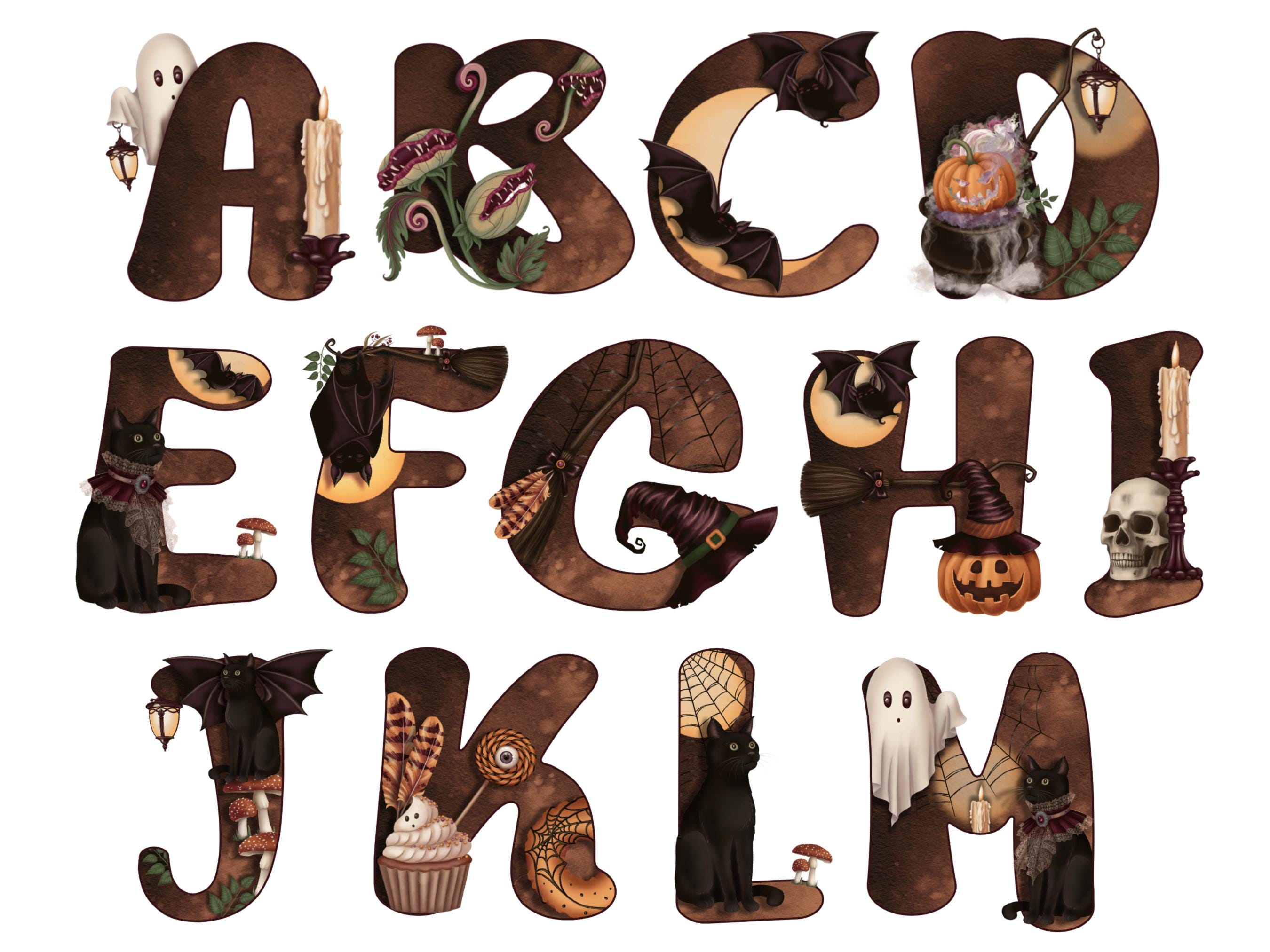 Cute Halloween Alphabet Clipart, Dark Aesthetic Hand Drawn Halloween ...