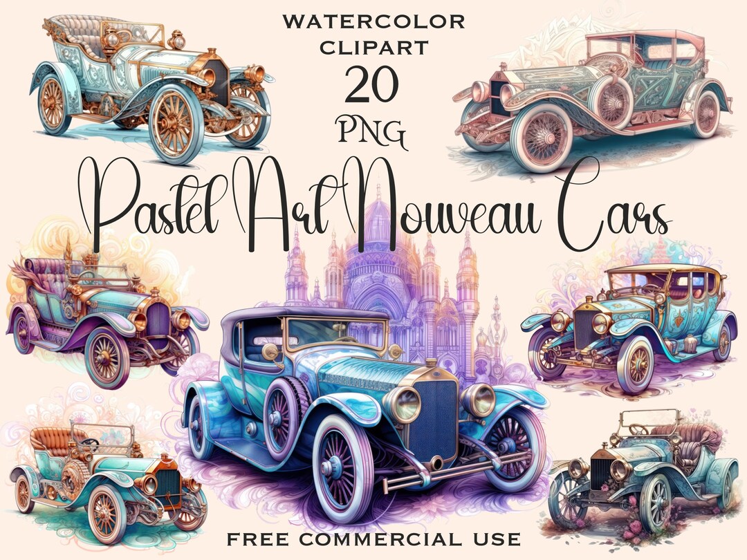 Pastel Art Nouveau Car Clipart, Retro & Classic Cars Png Bundle, Art ...