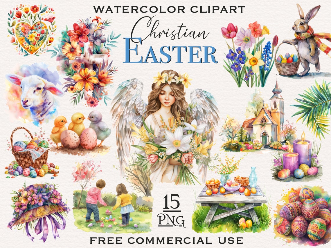 Christian Easter PNG Bundle, Watercolor Easter Clipart, Spring Clipart ...