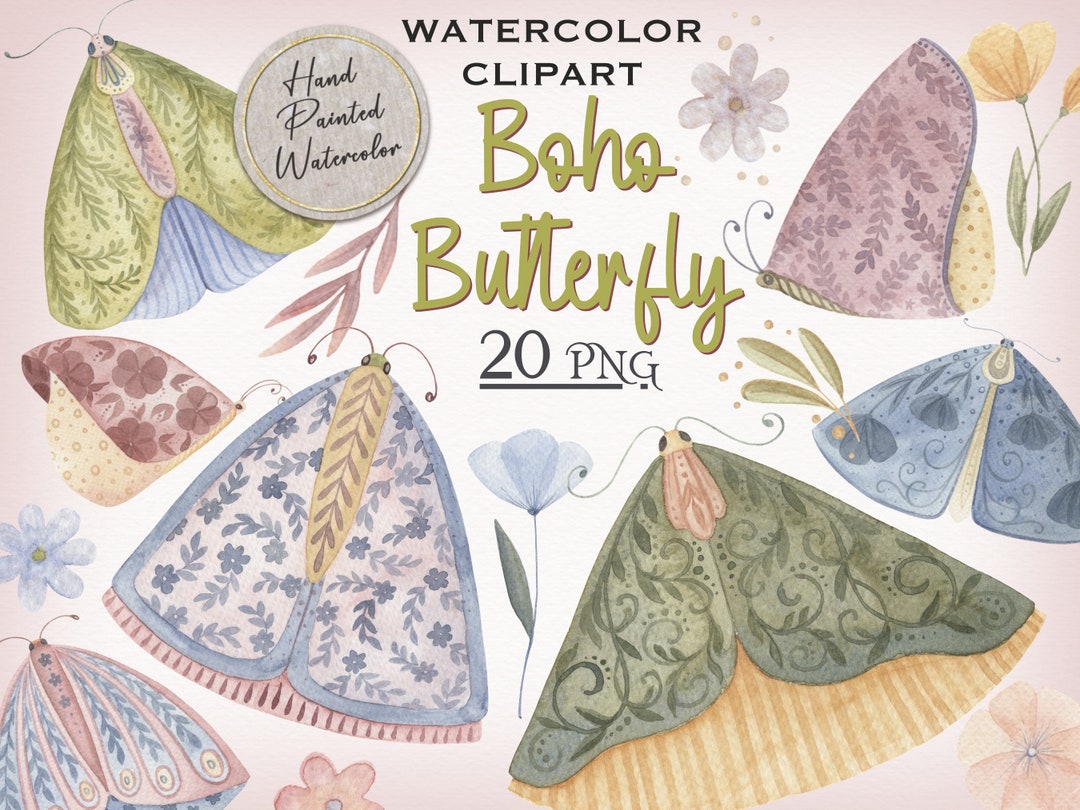 Watercolor Butterfly Clipart, Floral Butterfly Wings, Boho Butterfly ...