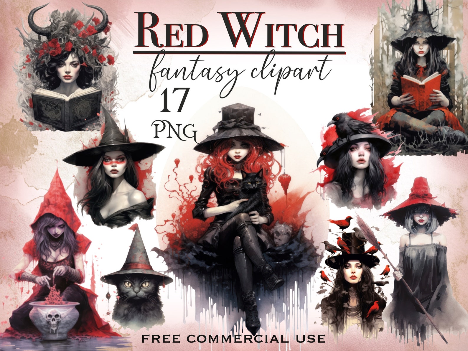 Red Witch Clipart, Practical Magic Png Bundle, Red & Black Witchcraft ...