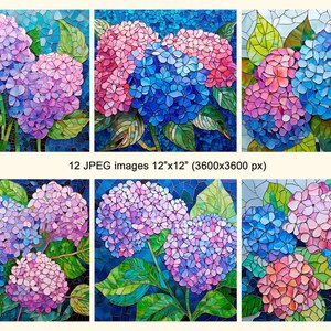 Mosaic Hydrangea Clipart, Pink & Blue Hydrangea Images Bundle, Digital Mosaic Flowers Art, Glass ...