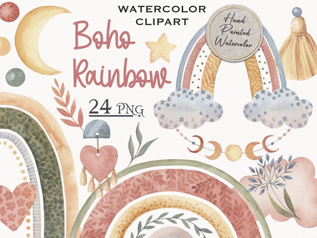 Boho Rainbow PNG Bundle, Watercolor Clipart, Neutral Abstract Art, Hand ...