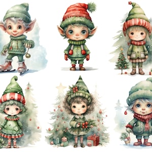 Classic Christmas Elf PNG Bundle, Watercolor Christmas Clipart, Holiday ...