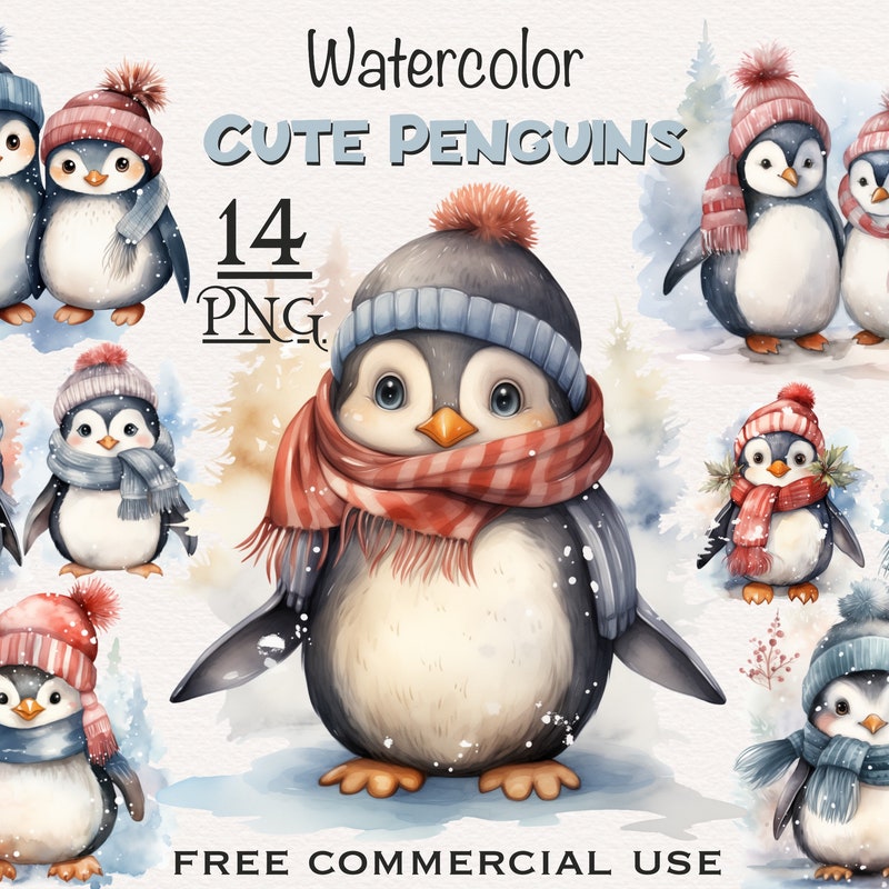 Watercolor Penguins - Etsy