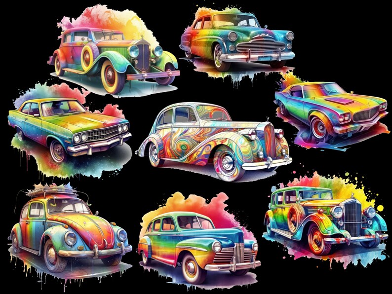 Rainbow Retro Car Clipart, Classic Cars Colorful Png Bundle, Car Lover ...