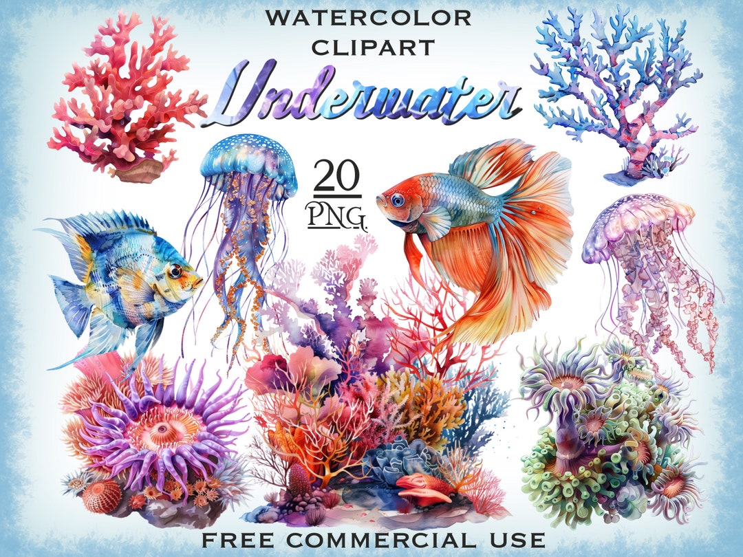 Underwater PNG Bundle, Watercolor Sea Animal Clipart, Under the Sea ...