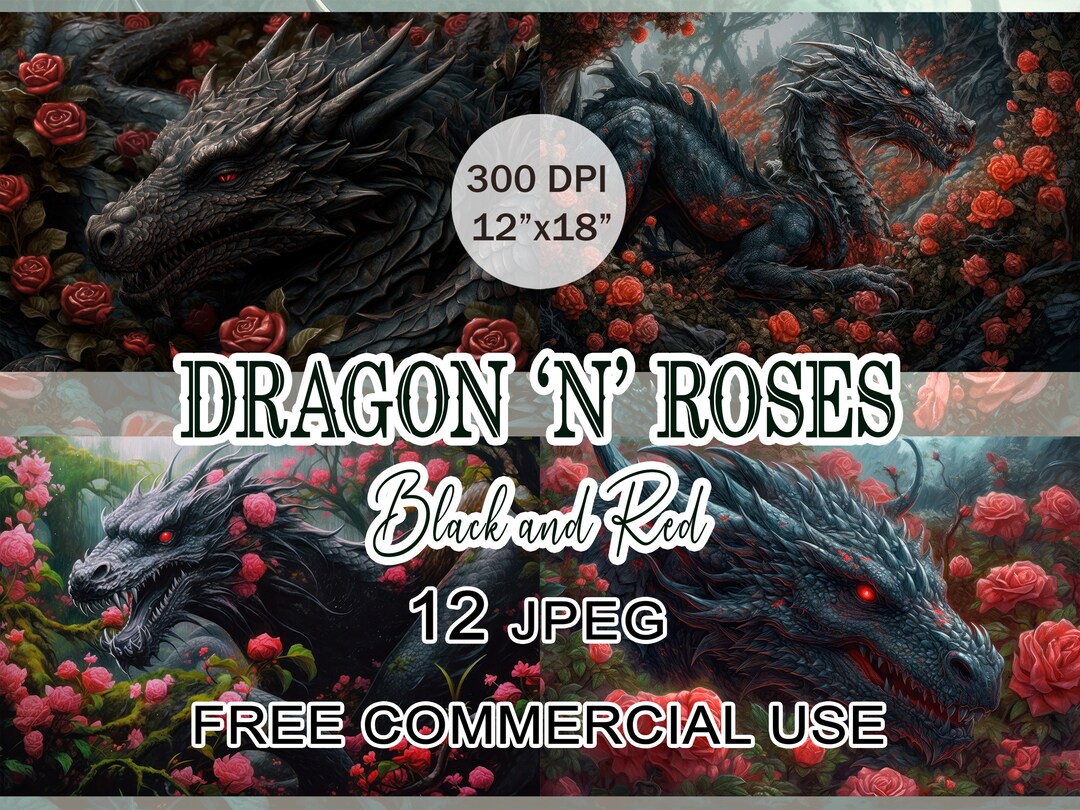 Black Dragon and Roses Clipart, Fairy Floral Landscape Images, Fantasy ...