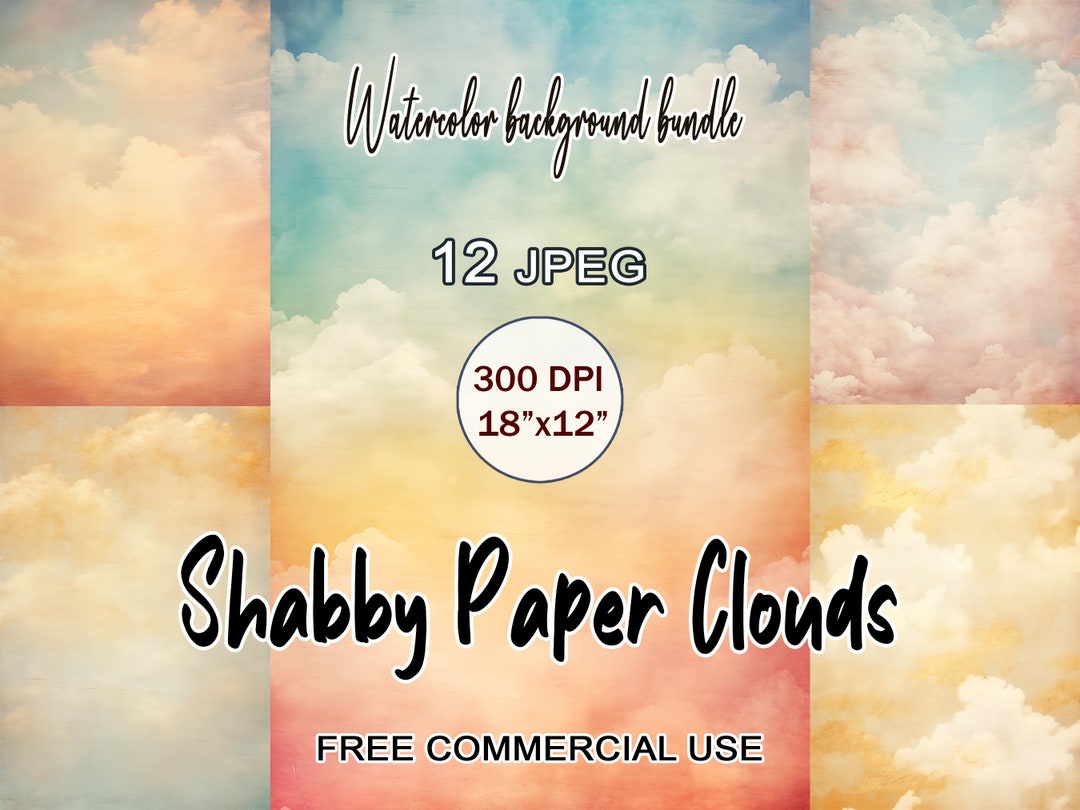 Shabby Paper Clouds Background Bundle, Abstract Watercolor Painting ...