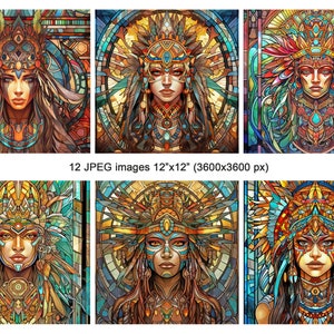 Stained Glass Aztec Shaman Clipart, Native Woman Graphics Artwork ...