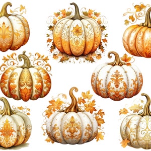 White and Gold Pumpkin Png, Watercolor Fall Clipart Bundle, Autumn ...
