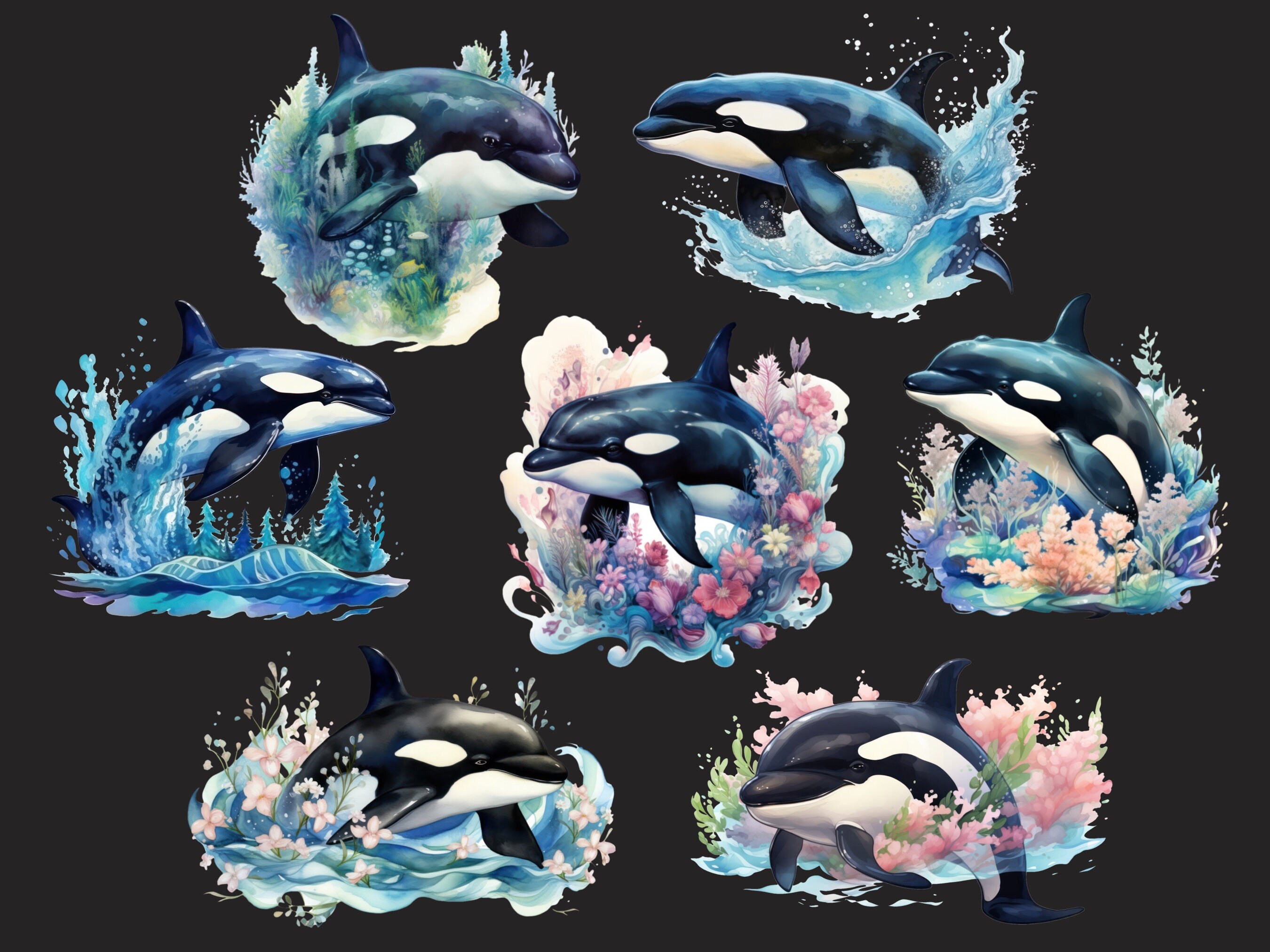 Watercolor Orca Png Bundle, Floral Orca Whale Design, Cute Sea Animal ...