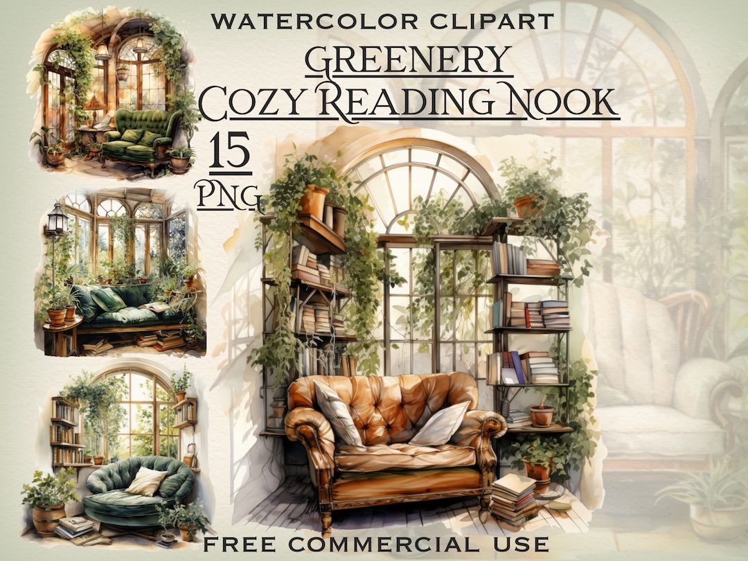 Greenery Reading Nook Png Bundle, Watercolor Book Lover Clipart ...