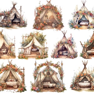 Boho Glamping Clipart, Watercolor Clipart, Camping Clipart, Glamping ...