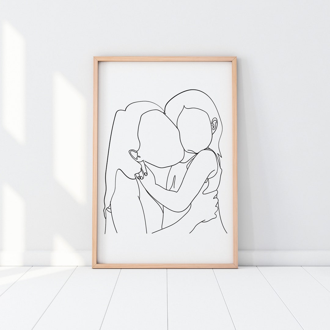 Mother and Daughter Line Art Print, Mom and Daughter Line Drawing ...