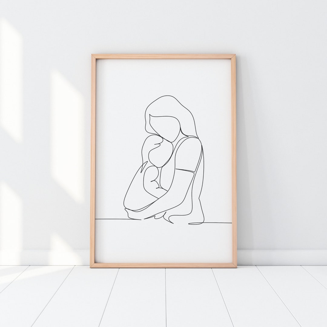 Mother and Baby Line Art, Mother and Daughter Line Drawing, One Line ...