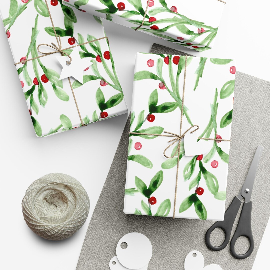 Christmas Watercolor Wrapping Paper, Mistletoe Christmas Gift Wrap ...