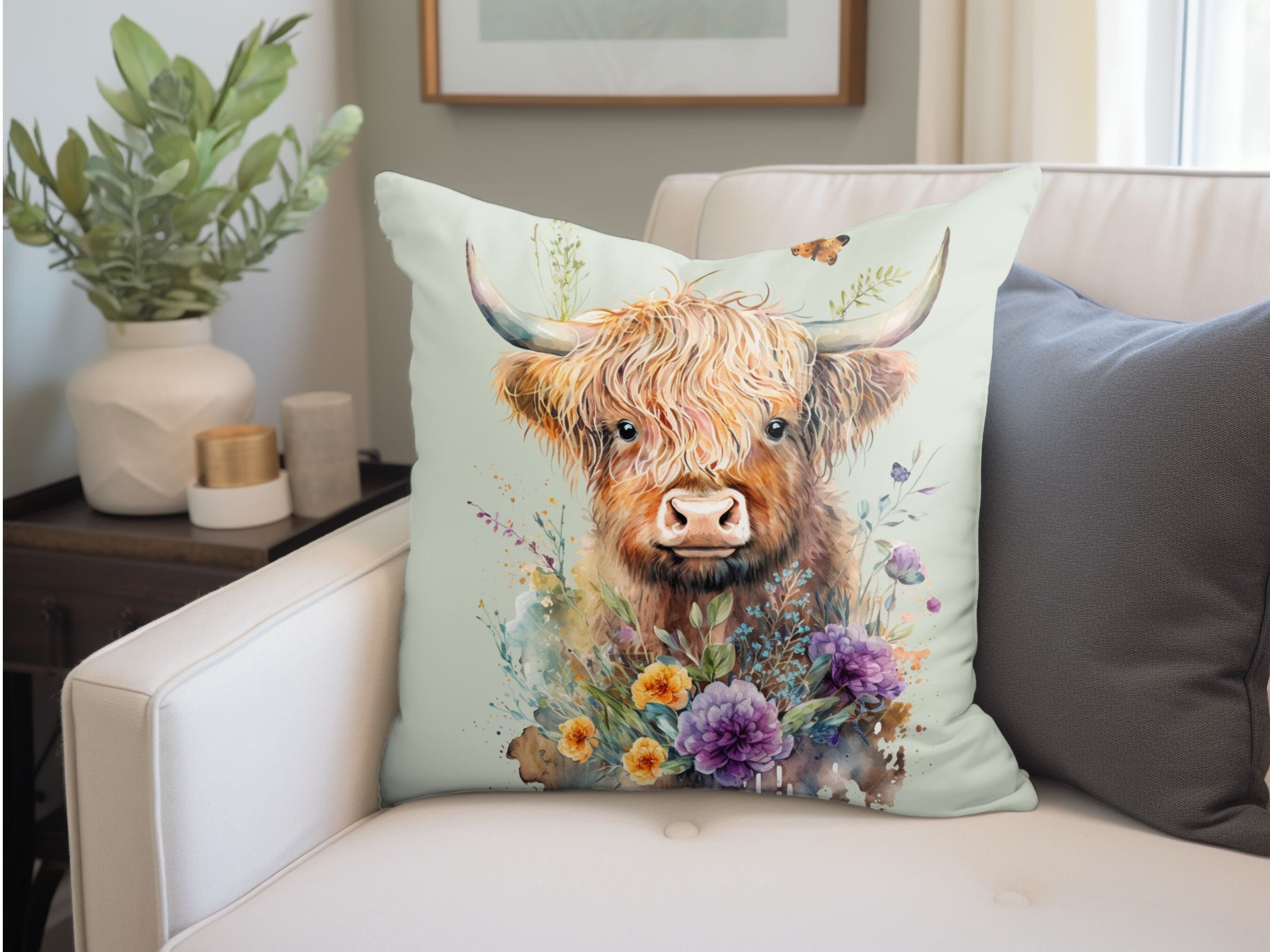 Highland Cow Pillow, Western Flower Pillow, Cute Cow Nursery Throw ...
