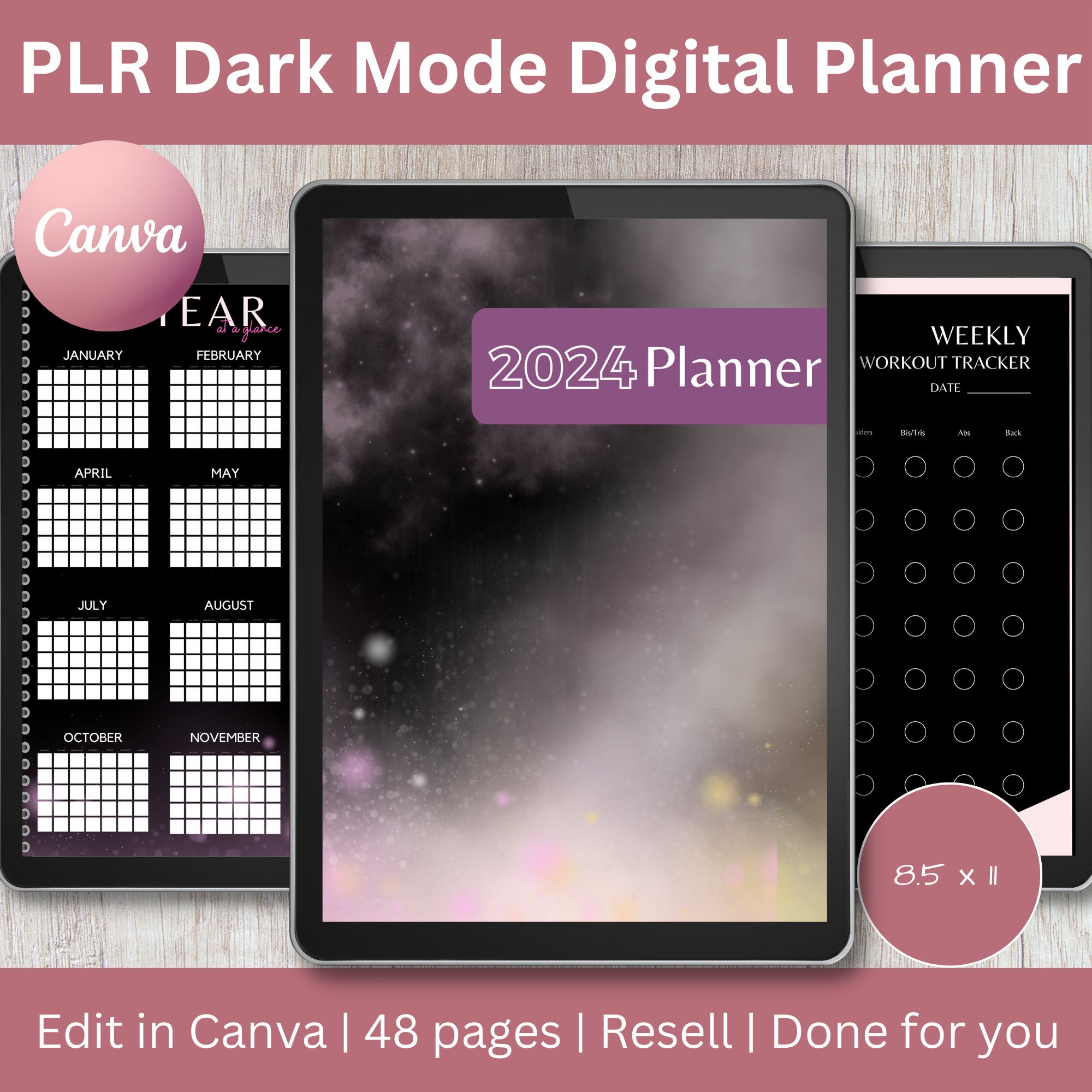 PLR Dark Mode Planner Template Canva Editable, Commercial Use, Resell ...