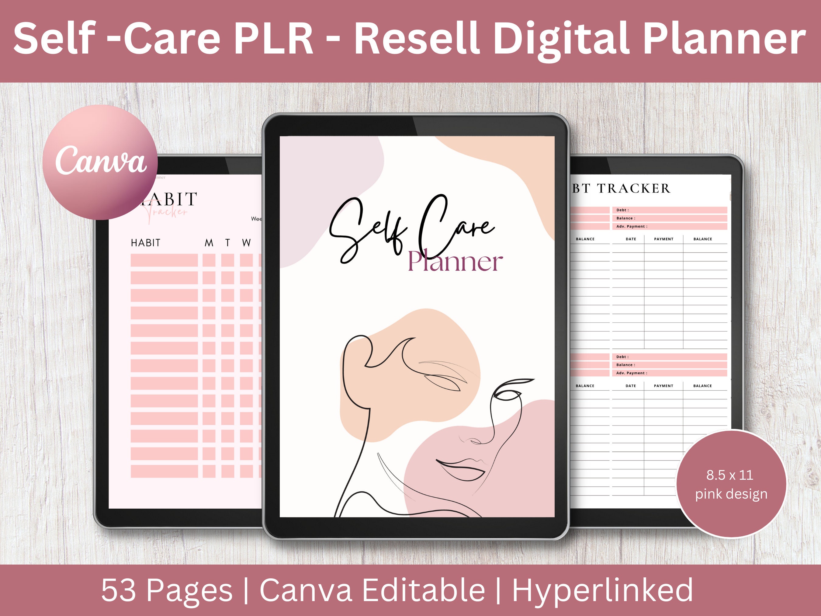PLR Self-care Digital Planner Template: Canva Editable, Pink Design ...