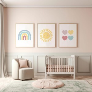 Cute Pastel Rainbow, Sun, Hearts, Set of 3 Prints, Nursery Prints ...