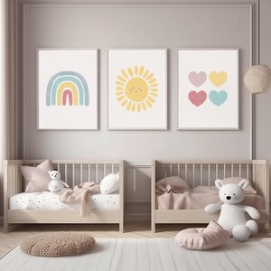 Cute Pastel Rainbow, Sun, Hearts, Set of 3 Prints, Nursery Prints ...